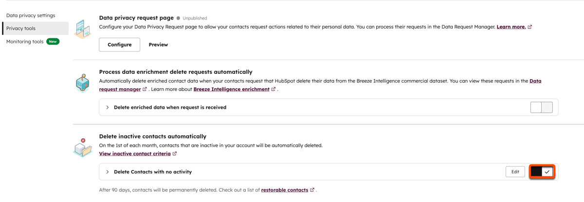 Manage Data Retention Policy Settings For Inactive Contacts
